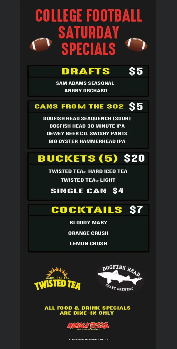 Football Specials Menu - Nicola Pizza